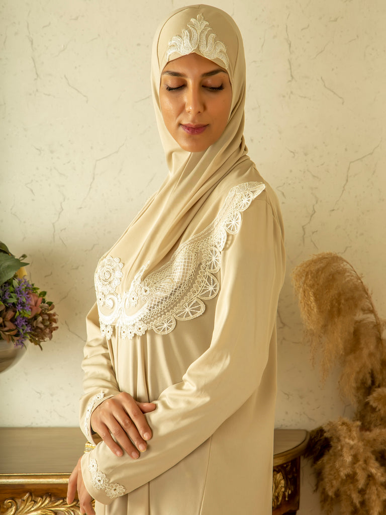 Sude Beige Muslim Abaya, Salah Prayer Clothes, Islamic Prayer Dress ...