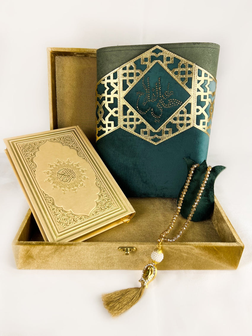Luxury Islamic Gift Box Set, Prayer Rug, Quran & Rosary Ottoman Green ...