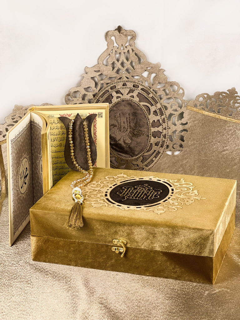 Luxury Islamic Gift Box Set, Prayer Rug, Quran & Rosary Ruya Gold Set ...